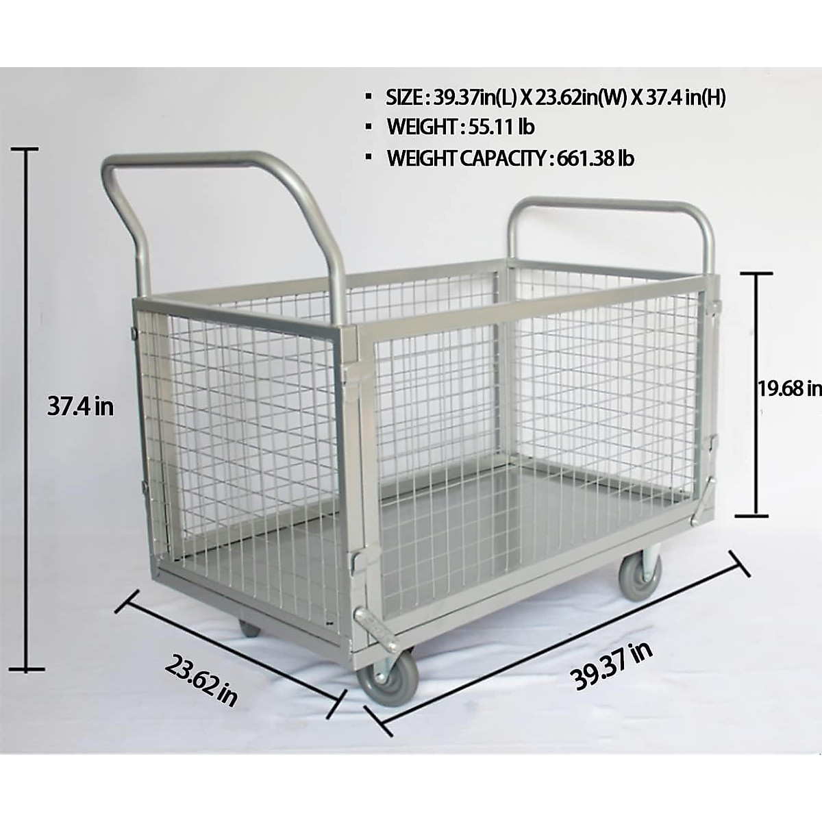 BaiYouMei Platform Truck Cart with Cage,4in1 Foldable Hand Truck Flat Cart 39"x24" Heavy Duty Push Cart Dolly, Load 1000lbs Large Flatbed Hand Truck Cart for Grocery, Laundry, Shelving, Storage