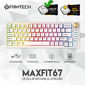FANTECH MAXFIT67 3-Mode Custom Mechanical Gaming Keyboard RGB Backlit, 65% (67-key) Hot Swappable Type-C Wired South Facing Mechanical Keyboard, Kailh White Switch, Black