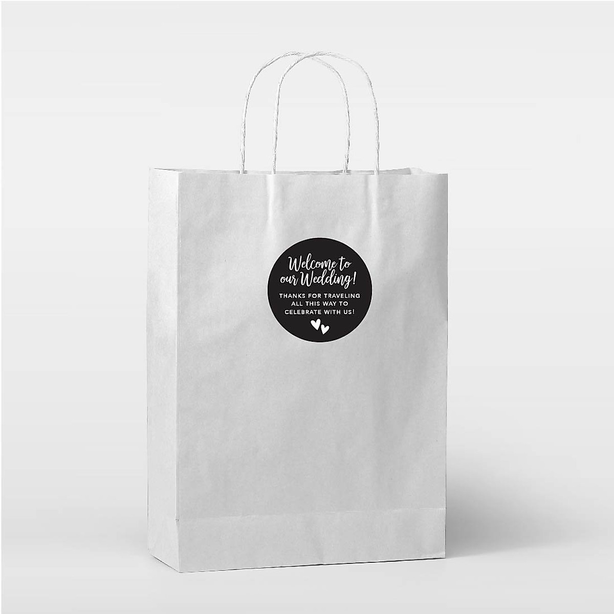 Andaz Press Out of Town Bags Round Circle Gift Labels Stickers, Welcome to Our Wedding Thanks for Traveling to Celebrate with Us, Black, 40-Pack, for Destination OOT Gable Boxes