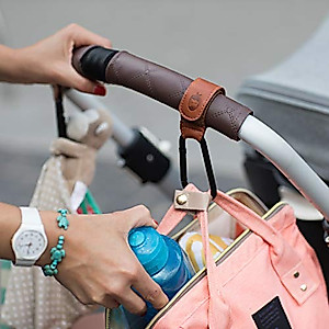 Brown Leather Style Stroller Hooks - Award-Winning Stroller Clips for Bags - MadeForMums & Lovedbyparents Award-Winning Stroller Bag Hook - 2-Pack by Baby Uma