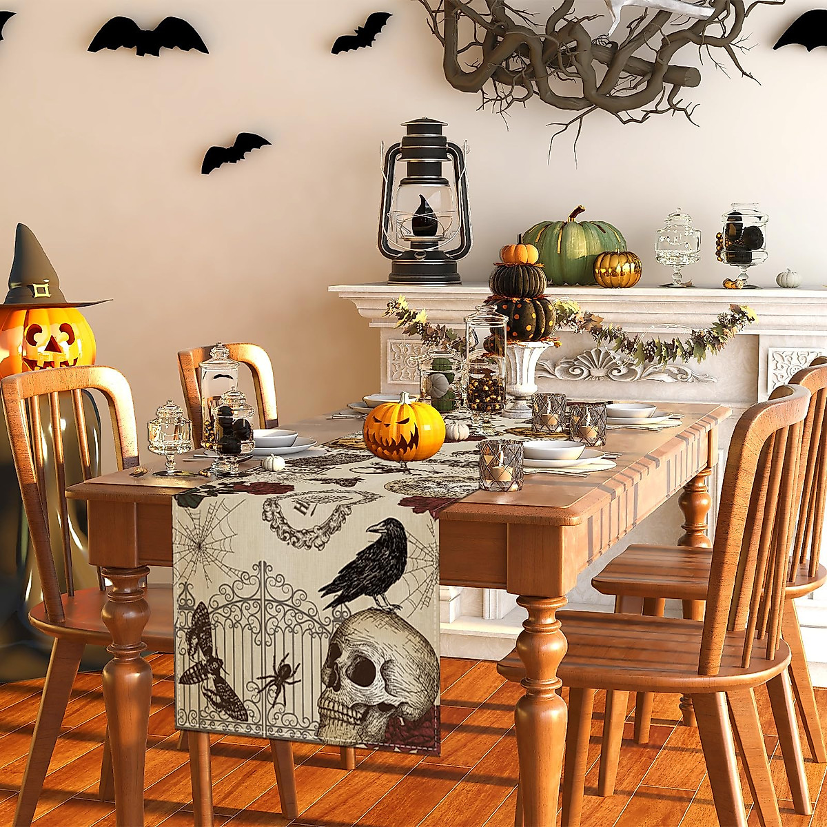 Rvsticty Linen Retro Halloween Table Runner Halloween Gothic Skull Tablecloth Day of The Dead Roses Skull Decor Halloween Decorations and Supplies for Home Kitchen Table-13×72’’