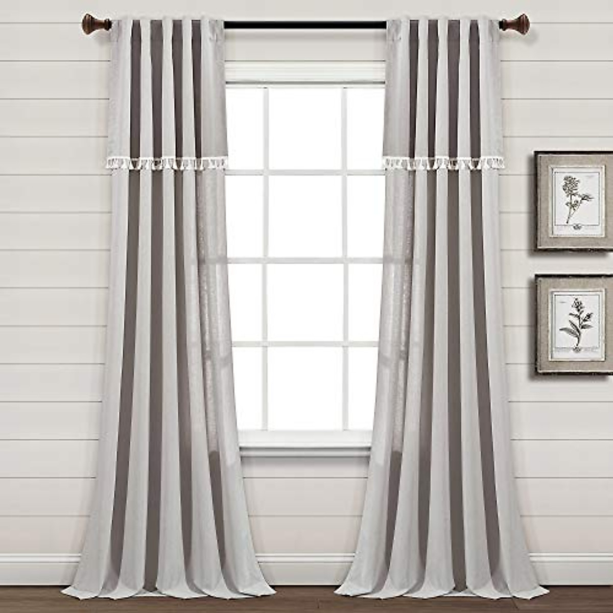 Lush Decor Ivy Tassel Faux Linen Window Curtain Panel Pair, 84 in x 40 in, Light Gray