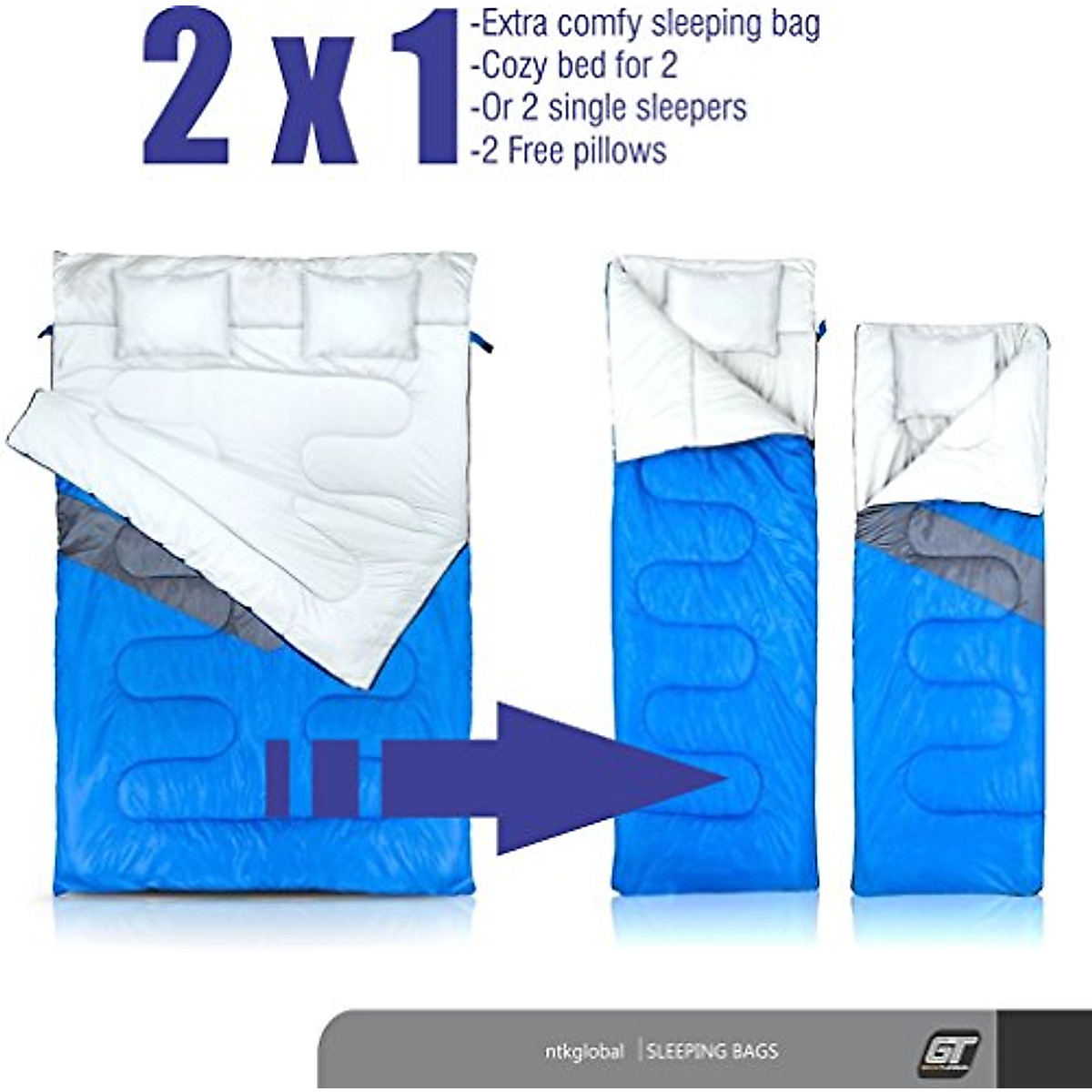 NTK KUPLE Double 2 in 1 Sleeping Bag with 2 Pillows and a Carrying Bag with Compressor Straps for Camping, Backpacking, Hiking. (Blue)
