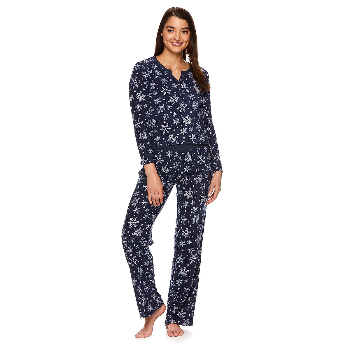 U.S. Polo Assn. Womens Pajama Sets, Snowflake Waffle Knit Pajama Sets for Women 2 Piece, Womens PJs Sets (Dark Navy, Medium)
