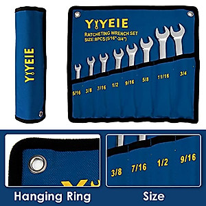 YIYEIE 8 Pc. Ratcheting Wrench Set, SAE 5/16, 3/8, 7/16, 1/2, 9/16, 5/8, 11/16, 3/4 Inch, 72 Tooth, CR-V Steel, Standard Combination Ratchet Wrench Set