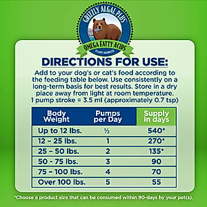 Grizzly Algal Plus Omega Fatty Acids Supplement for Dogs & Cats, 32 Fl Oz - Vegan, Plant-Sourced & Made in USA Algal Oil Omega 3-6-9, Healthy Skin & Coat