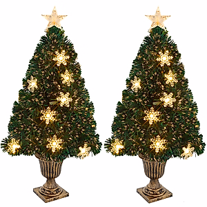 Juegoal 3 FT Pre-Lit Artificial Christmas Tree, 2 Pack Lighted Optical Fiber Entrance Tree in Gold Urn Base with Lights, 8 Lighting Modes, 110 Branch Tips Front Door Porch Entryway Holiday Home Decor