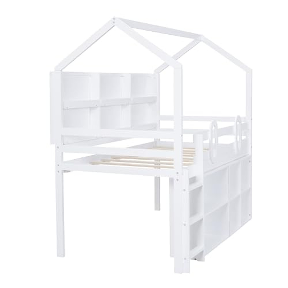Harper & Bright Designs Twin Size House Loft Bed with Multiple Storage Shelves,Wood Kids Loft Bed with Storage,Twin Playhouse Bed for Boys, Girls, White