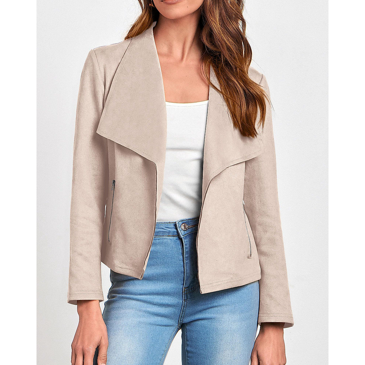KIRUNDO Women's Faux Leather Suede Jacket 2024 Fall Fashion Light Long Sleeve Cropped Jacket Coats with Pockets(Beige Apricot, Medium)