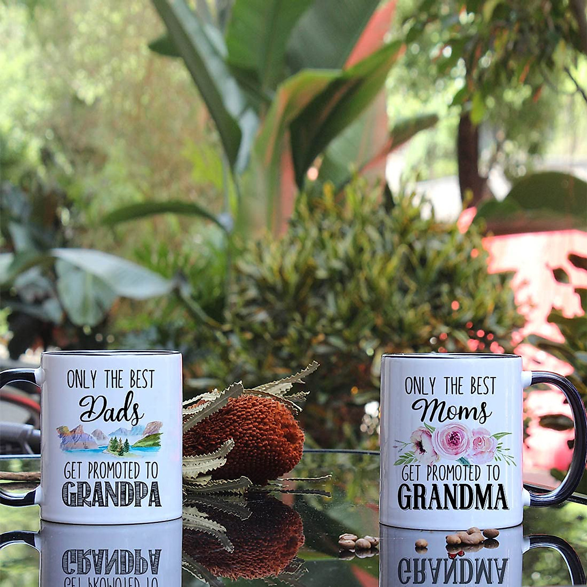 Only the Best Mom Dad Get Promoted to Grandma and Grandpa Coffee Mug Set, Great Grandparent Coffee Mug Set. Pregnancy announcement Gift. Great Grandpa Mug. Grandparent Mug Set of 2 Shot Mugs (Black)