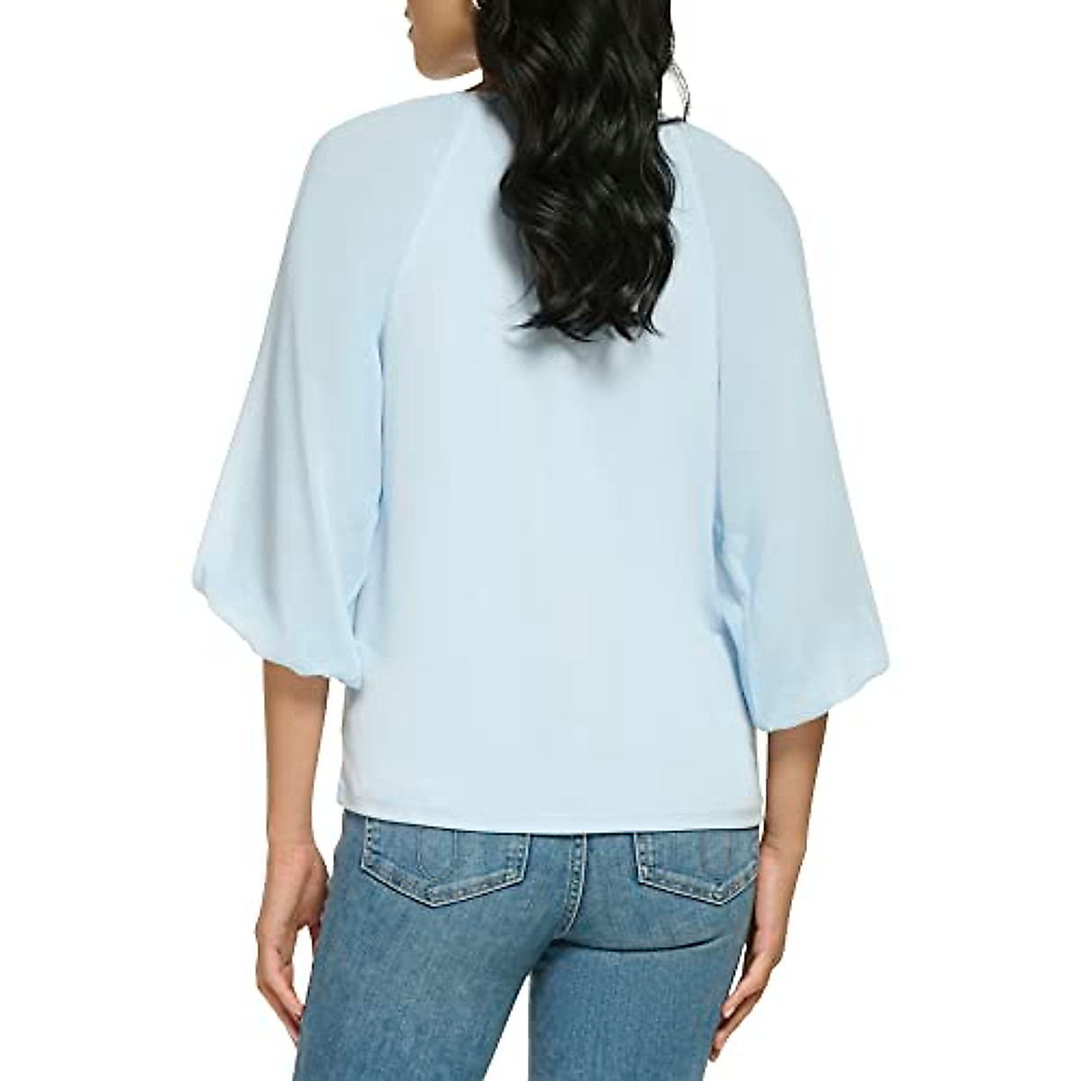 Calvin Klein Women's Loose Fitted Matte Jersey Mixed Media Lantern Sleeve Blouse, Cashmere Blue