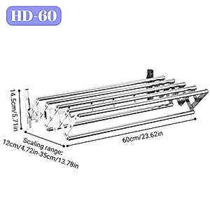 Yowmina Clothes Drying Rack Wall Mounted, Foldable Wall Drying Rack with 5 Hooks, Retractable Hanging Drying Rack with 7 Drying Rods, Space-Saving Stainless Steel Accordion Laundry Rack (23.6in)