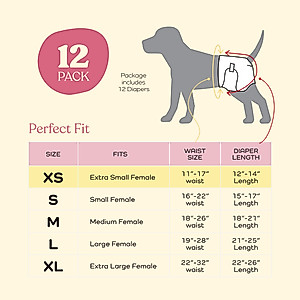 Comfortable Female Dog Diapers - 12-Pack Super Absorbent Disposable Doggie Diapers - FlashDry Gel Technology & Wetness Indicator - Leakproof Diapers for Dogs in Heat, Excitable Urination, Incontinence