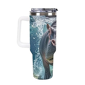 FHECVBN White 40 Oz Insulated Tumbler with Handle Diving Hippo Printed Leakproof Water Bottle Coffee Mug Car Cup for Gym Outdoors Commute Work