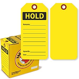 SmartSign Pack of 100 Hold Tags in Dispenser Box | 3" x 6.25" Fluorescent Cardstock, Tear Resistant Fiber Patch, Yellow
