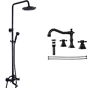 Wall Mounted Oil Rubbed Bronze Bathroom Rainfall Shower Faucet System Set Mixer 8-Inch Round Head with Matte Black Victorian Widespread Deck Mounted Three Holes Double Handles