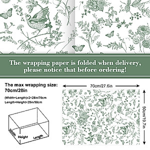 JarThenaAMCS 8 Sheet Sage Green Floral Wrapping Paper -Not Roll- Flower Birds Butterfly Gift Wrap Paper White Green Folded Flat Art Paper for Birthday Wedding DIY Crafts, 19.7 x 27.6 Inch
