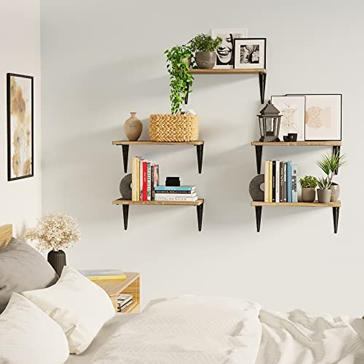 Wallniture Arras Floating Shelves for Wall Decor, Bookshelf for Living Room Decor, Wall Shelf for Bedroom, Kitchen Organization Bathroom Shelves 17"x8" Burnt Finish Set of 5