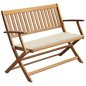 vidaXL Folding Garden Bench, Outdoor Foldable Acacia Wood Patio Bench with Cushion, Wooden Bench for Porch Balcony, Retro Style, Solid Wood Acacia