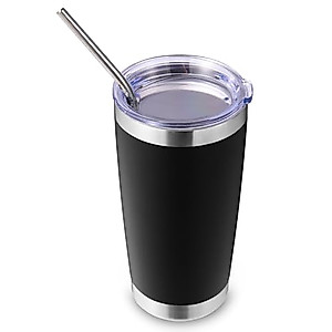 Volhoply 20oz Stainless Steel Tumbler with Lid and Straw,Double Wall Insulated Travel Iced Coffee Mug Fits Car Cup holder,Powder Coated Cups for Hot and Cold Drinks,Gifts for Women Men（Black,1 Set）