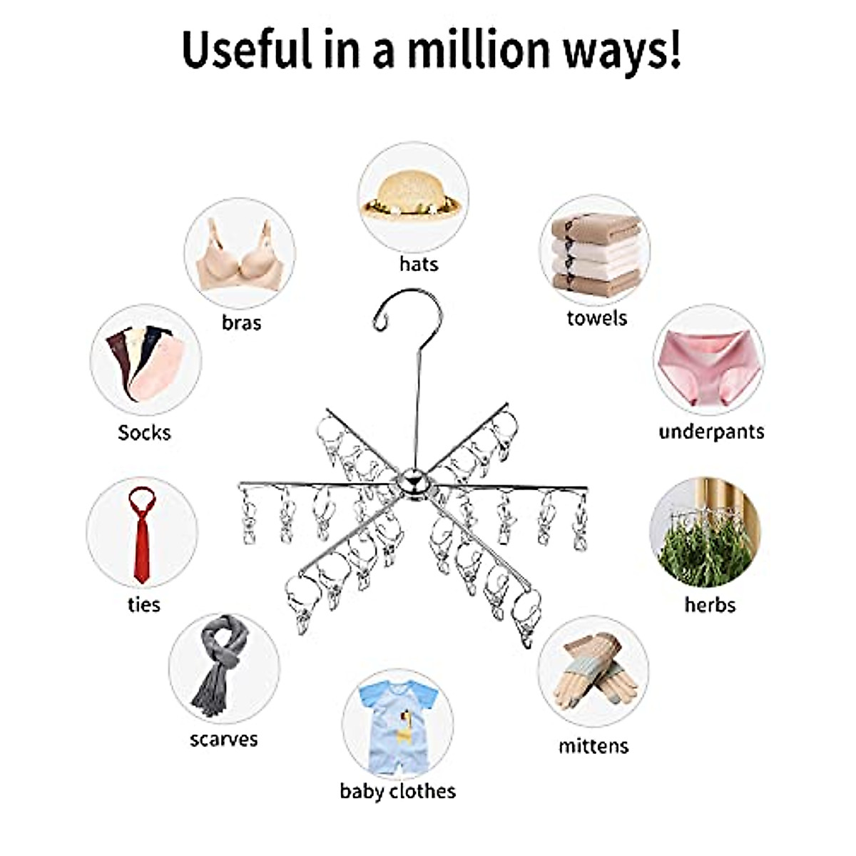 WYCQKL Clothes Drying Rack 24 Clips, Space Saving 360° Rotatable Hook Bra Hanger for Towel, Socks, Baby Clothes, Herbs