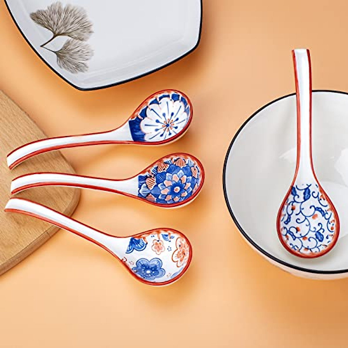 Asian Ceramic Soup Spoons Japanese - Soup Spoons with Long Curved Handle for Ramen Noodles,Dumpling,Rice(4 Pcs)
