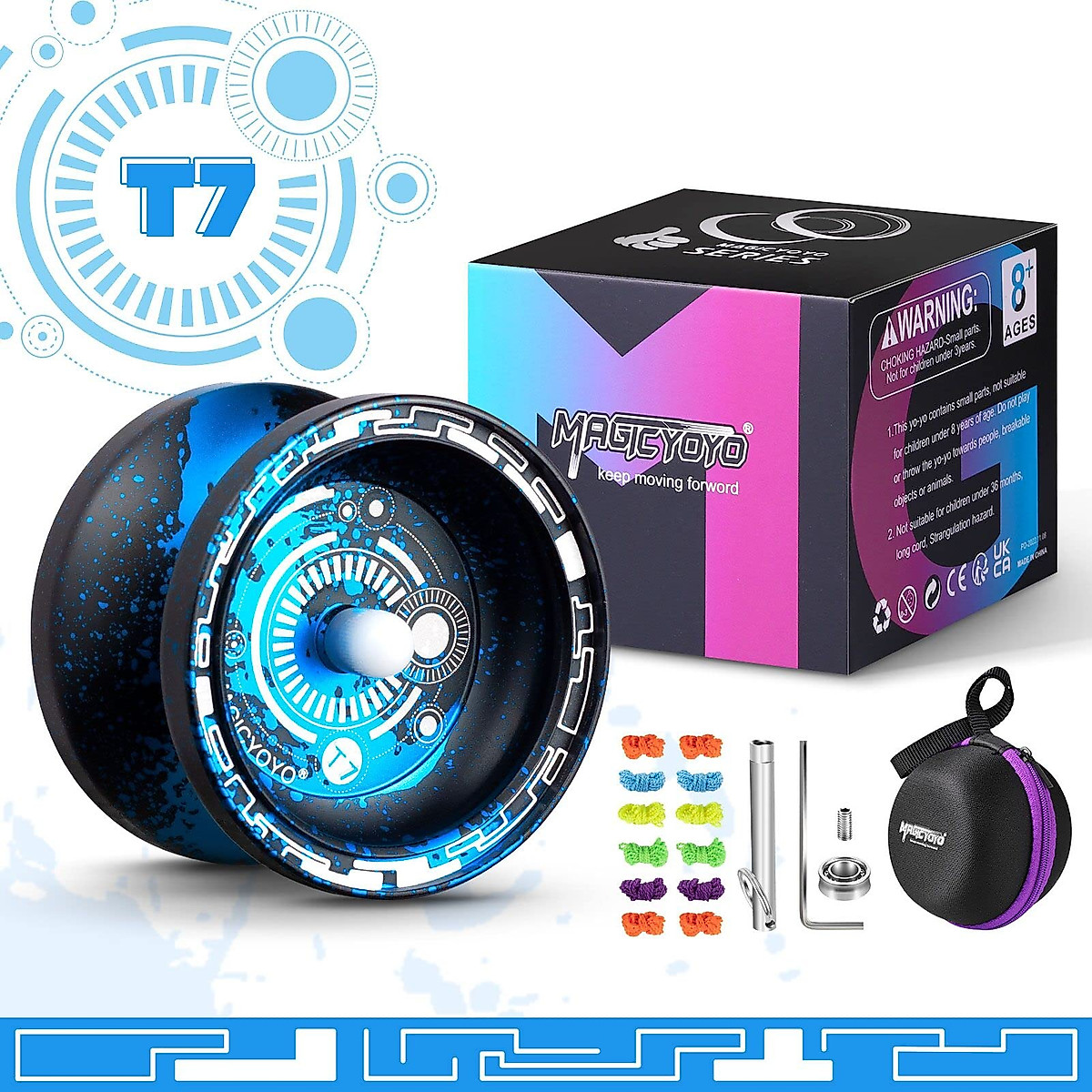Responsive Yoyo for Kids , Aluminum Metal Beginner Yoyos with Narrow C Yoyo Bearing and Extra 5 Yoyo Strings + Yoyo Bag+ Yoyo Glove (Yoyo T7 Black&Blue)