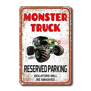 Monster Truck Room Decor for Boys - 8x12 Tin Monster Jam Bedroom Sign Boy Birthday Decorations Gifts Vintage Monster Truck Wall Decor Room for Kids