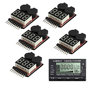 CAMWAY 5PCS 2in1 1-8s Lipo Battery Voltage Tester,RC Low Voltage Buzzer Alarm+ Digital Battery Capacity Tester RC Cellmeter-7 Lipo Battery Tester LCD Battery Checker Controller