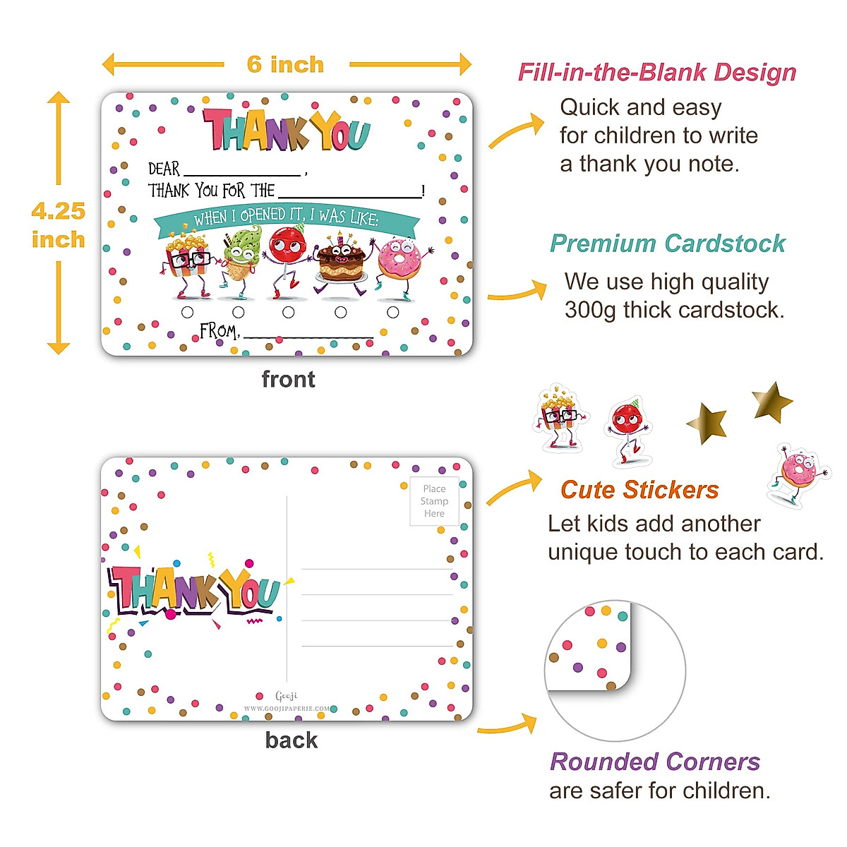 Gooji Kid’s Thank You Cards, 25 Pc. Postcards Set, Double-Sided Custom Cardstock with Fill in the Blank Messages for Birthday Party, Event, or Holiday Use, Stickers Included (Party Treats)