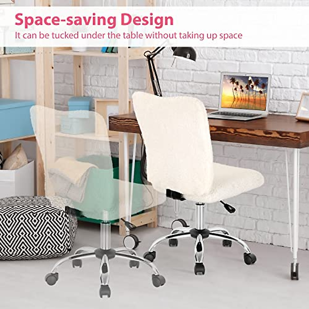 Giantex Faux Fur Office Chair, Armless Home Desk Chair, Height Adjustable Swivel Cute Chair, Middle Back Chair w/Chrome Base, Modern Fuzzy Vanity Chair, Rolling Task Chair for Study Bedroom (Ivory)