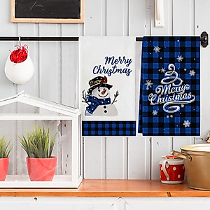 AnyDesign 4 Pack Merry Christmas Kitchen Towel 18 x 28 Inch Blue Black Buffalo Plaids Dish Towel Snowman Truck Xmas Tree Tea Towel Rustic Hand Drying Towel for Cooking Baking