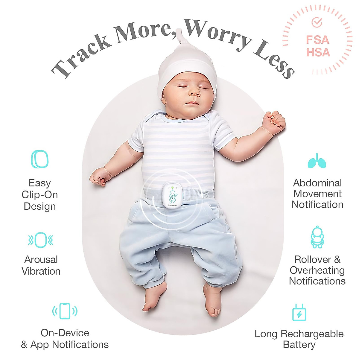 Sense-U Pro Baby Movement Monitor with Arousal Vibration, Movement/Rollover/Overheating Alerts, Audible & App Notifications, Easy Clip-On Design, Smart Sleep Monitor, FSA/HSA Eligible