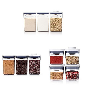 OXO Good Grips 6 Piece(3 Containers & 3 Scoops) Large Canister Set with Scoops, 4.4 qt each, White & 3-PC Small Square Short POP Container Set, White & Good Grips 4-Piece Mini POP Container Set