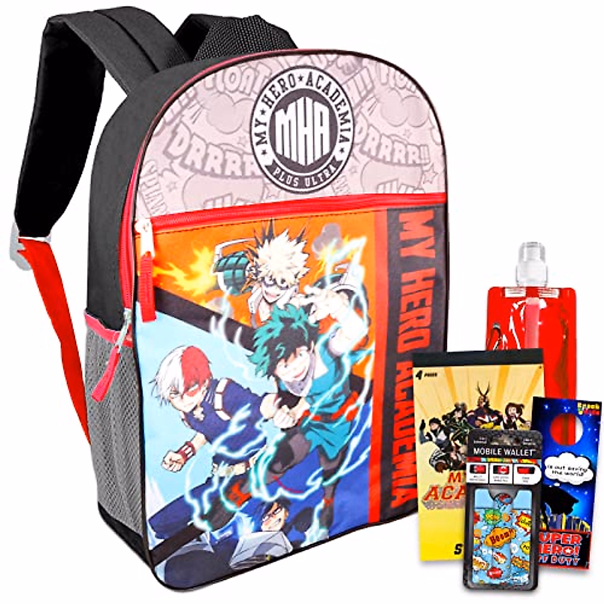 Action Comics My Hero Academia Backpack for Boys - Bundle with My Hero Academia Backpack, Stickers, Phone Wallet, Water Bottle, More | My Hero Academia Backpack for School