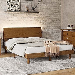 DUNTRKDU Queen Size Bed Frame, Mid Century Platform Bed Frame with LED Lights & USB Port, Queen Size Bed Frame with Bookshelf, No Box Spring Needed/Easy Assembly for Bedroom, Walnut
