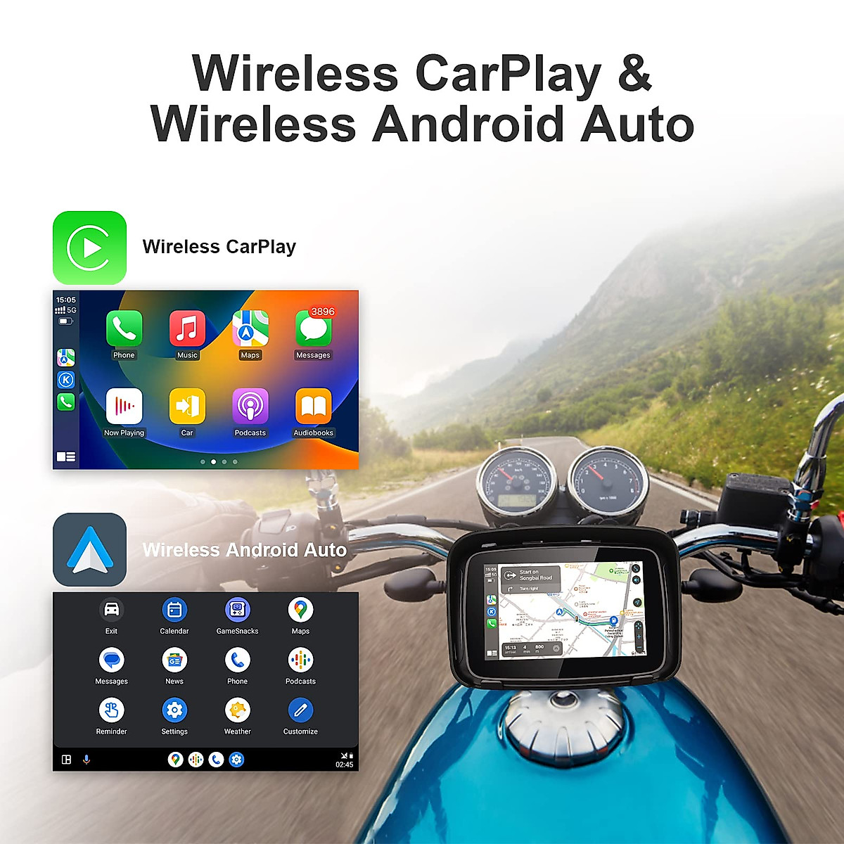 Tenbaba Carplay Screen for Motorcycle, Wireless Apple Car Play & Wireless Android Auto GPS Navigation for Motorcycle, 5" Waterproof Portable Apple Carplay/Android Auto, Support Siri/Google Assistant