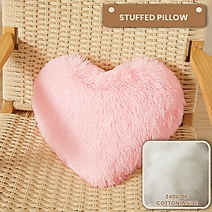MEGO Fluffy Heart Pillow, Faux Fur Decorative Throw Pillow, Plush Shaggy Heart Shaped Pillow w Insert&Cover, Cute Furry Throw Pillows for Couch Bed Sofa Kid Girls Women Valentine's Day Gift Pink