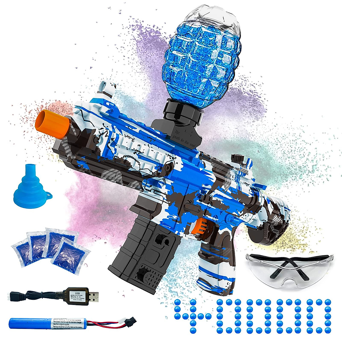 Electric Gel Ball Blaster, High Speed Automatic Splatter Ball Blaster with 40000+ and Goggles, JIFTOK Rechargeable Splatter Ball Toys for Outdoor Activities Shooting Game Party Favors-Blue