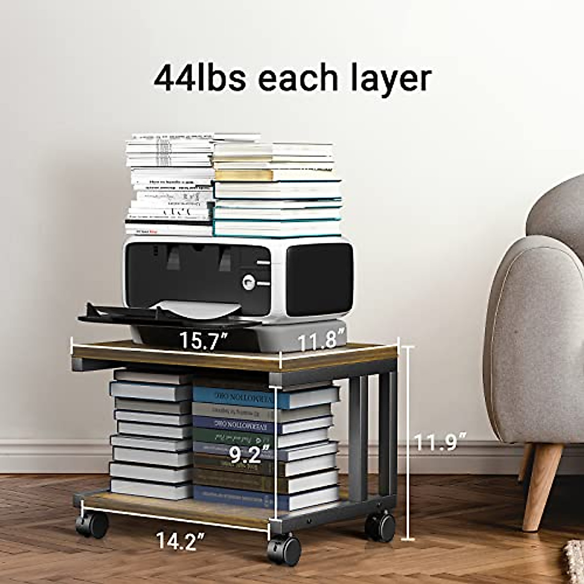 AMERIERGO Printer Stand, Printer Table with Storage, Under Desk Printer Stand with 4 Wheels & Lock Mechanism, 2 Tier Printer Cart for Printer, Scanner, Fax, Home Office Use