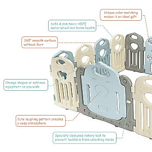 CHEFJOY Baby Playpen Kids 14 Panel, Safety Yard Activity Center, Door with Safety Lock & Lovely Toys, Portable HDPE Indoor Outdoor Play Fence with Non-Slip Rubber Suction Cup