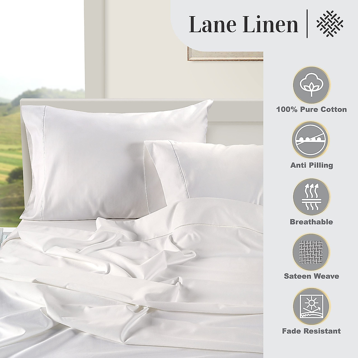 LANE LINEN 100% Egyptian Cotton Sheets Queen Size - 1000 Thread Count White Bed Sheets for Queen Size Bed, Long Staple Cotton Bedding Sheets, Sateen Weave, Luxury Hotel Sheets, Fits upto 17" Mattress