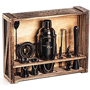 Mixology Bartender Kit: 11-Piece Bar Tool Set with Rustic Wood Stand | Perfect Home Bartending Kit and Cocktail Shaker Set for a True Drink Mixing Experience | Fun Housewarming Gift Idea (Gun-Metal)