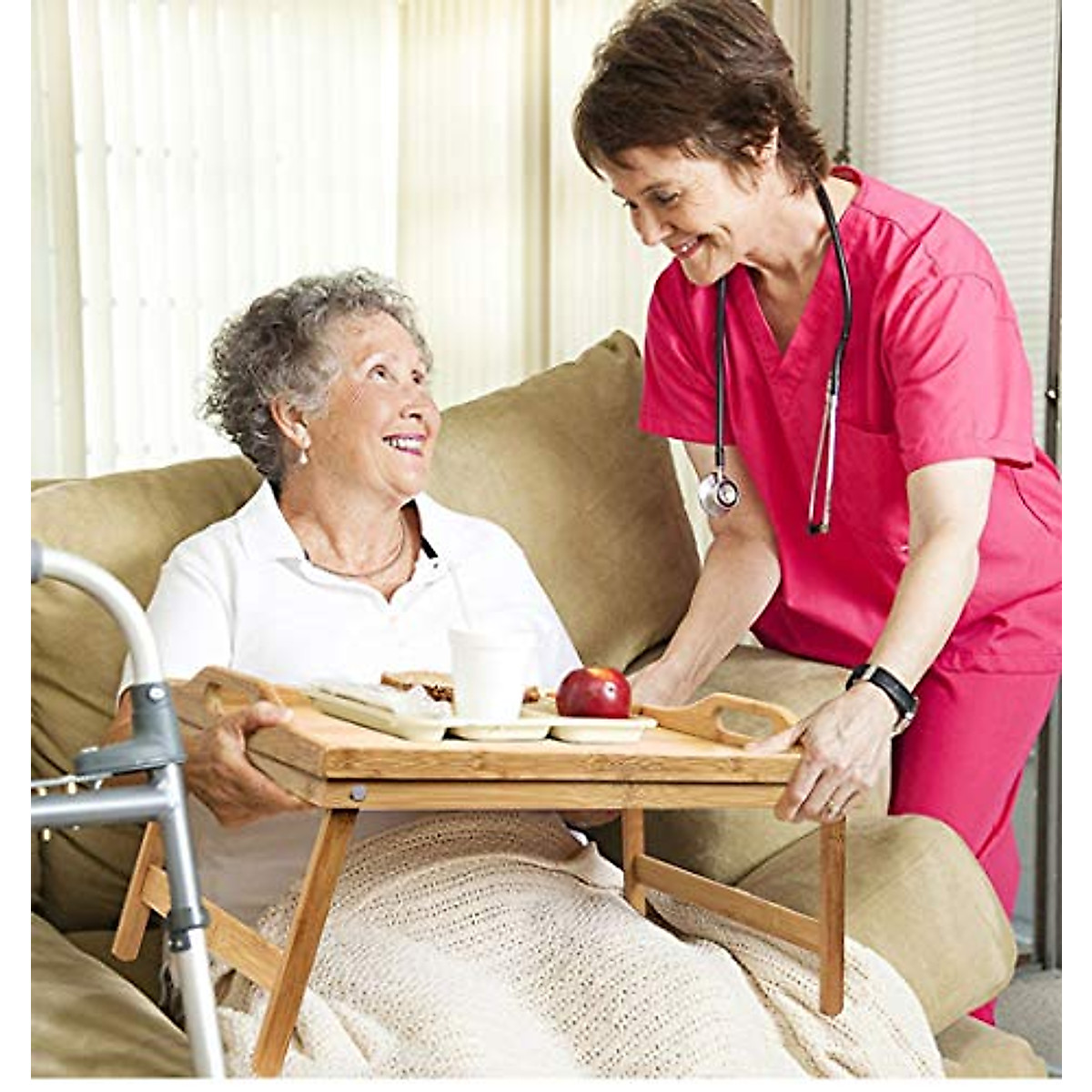 Lawei 2 Pack Bamboo Foldable Breakfast Table, Bed Tray Table with Legs, Serving Tray with Handles, Portable Food Table for Serving Breakfast in Bed, Laptop Desk Snack Tray for Eating, Reading, Working