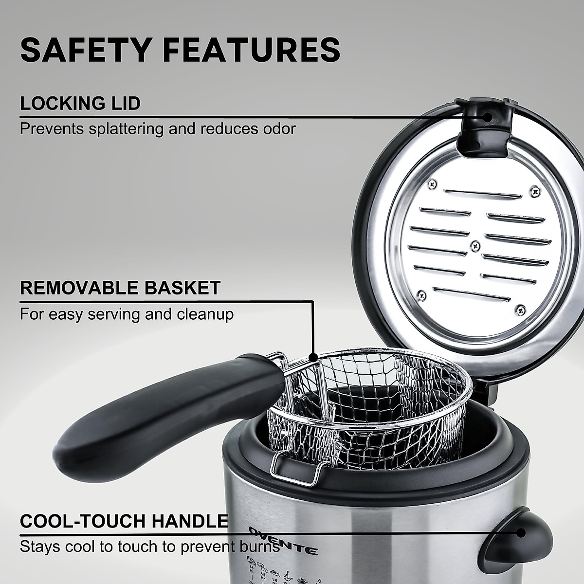 OVENTE Electric Deep Fryer 0.9 Liter Capacity, 840W Power with Locking Lid, Removable Stainless Steel Frying Basket, Adjustable Temperature Knob, Cool Touch Handles and Easy to Clean, Silver FDM1091BR