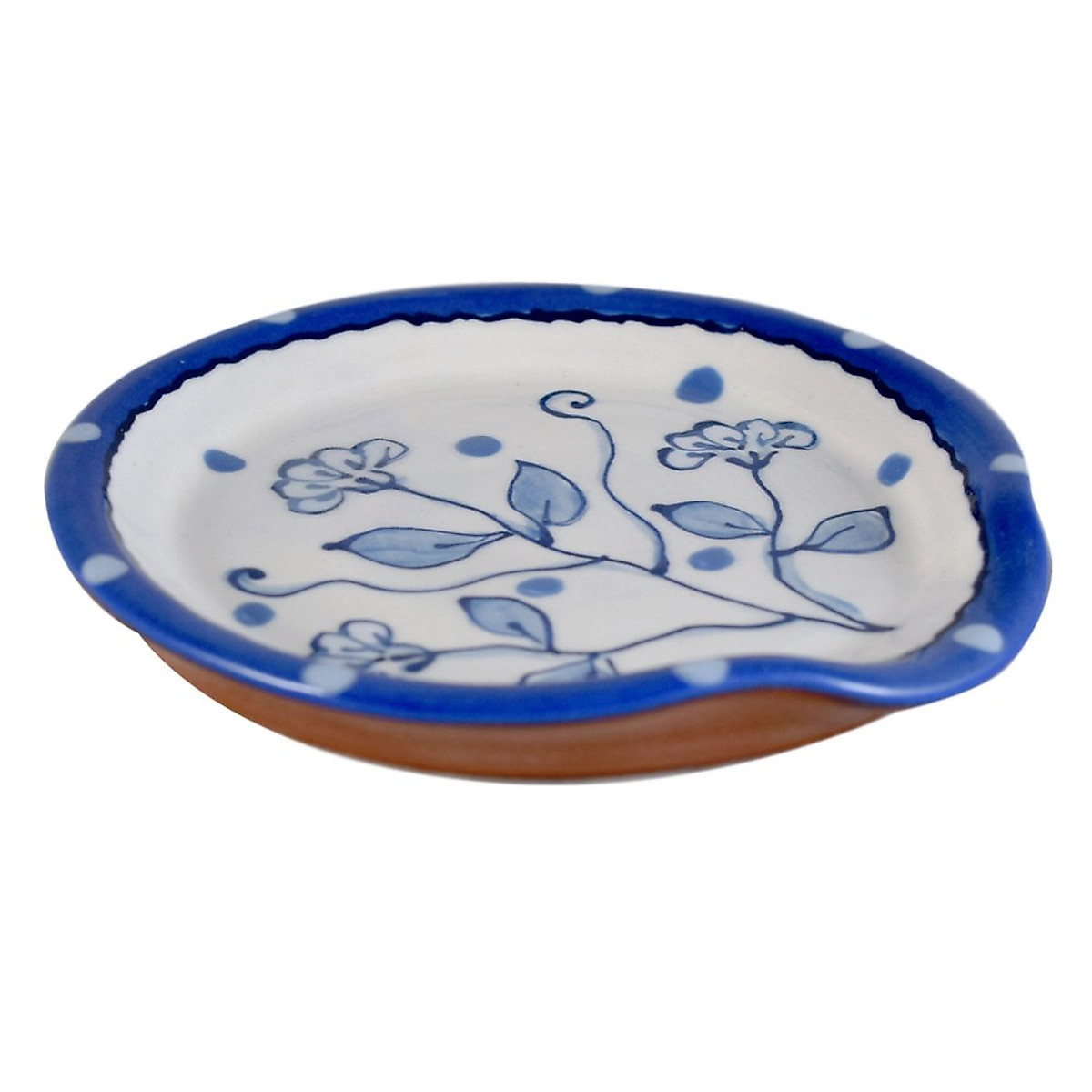 American Made Terracotta Pottery Kitchen Spoon Rest, Delft-Style Wildflower Blue