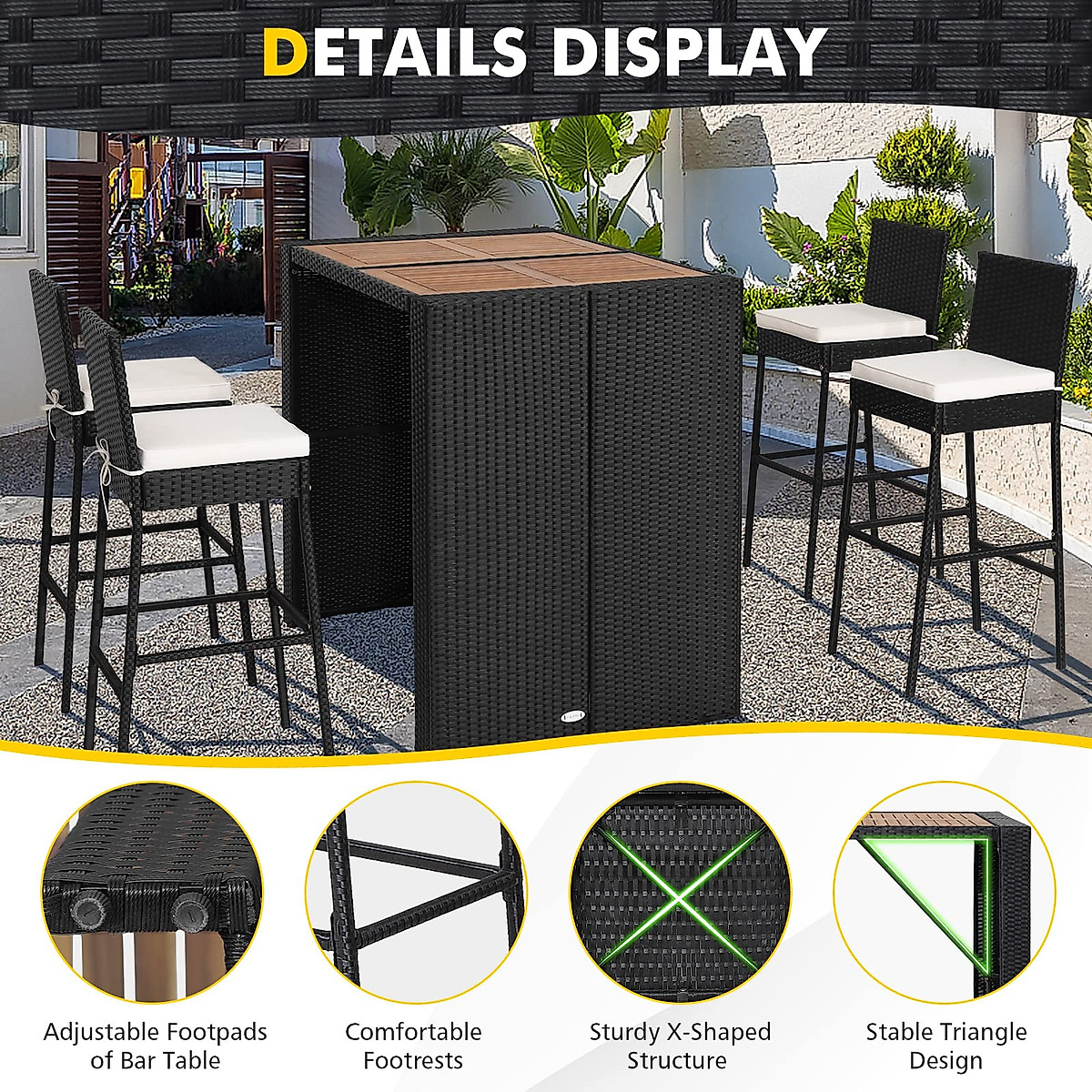 HAPPYGRILL 5 Pieces Rattan Outdoor Bar Set with Height Table & 4 Cushioned Bar Stools, Patio Bar Set Wicker Dining Set for Poolside Patio Backyard