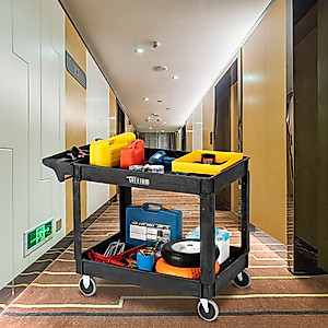 TUFFIOM Plastic Service Utility Cart with Wheels, 550lbs Capacity Heavy Duty Tub Storage Cart W/Deep Shelves, Multipurpose Rolling Extra Large 2-Tier Mobile Storage, for Warehouse Garage Industrial