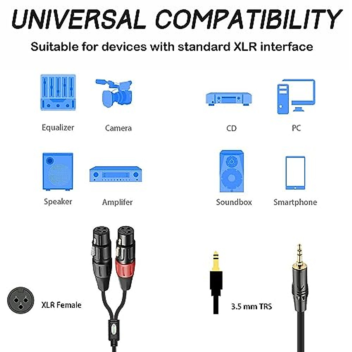 JOMLEY Dual XLR Female to 3.5mm Y-Splitter Cable, Unbalanced XLR Female to 1/8 Inch Mini Jack TRS Stereo Aux Interconnect Audio Mic Breakout Patch Cord - 2 Meter