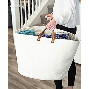 Sweetzer & Orange Extra Large Woven Cotton Rope Storage Basket – 23”x20.5”x15.5” w/Vegan Handles - Blanket Storage Baskets, Laundry and Toy Storage, Nursery Hamper - Off White XXL for Living Room